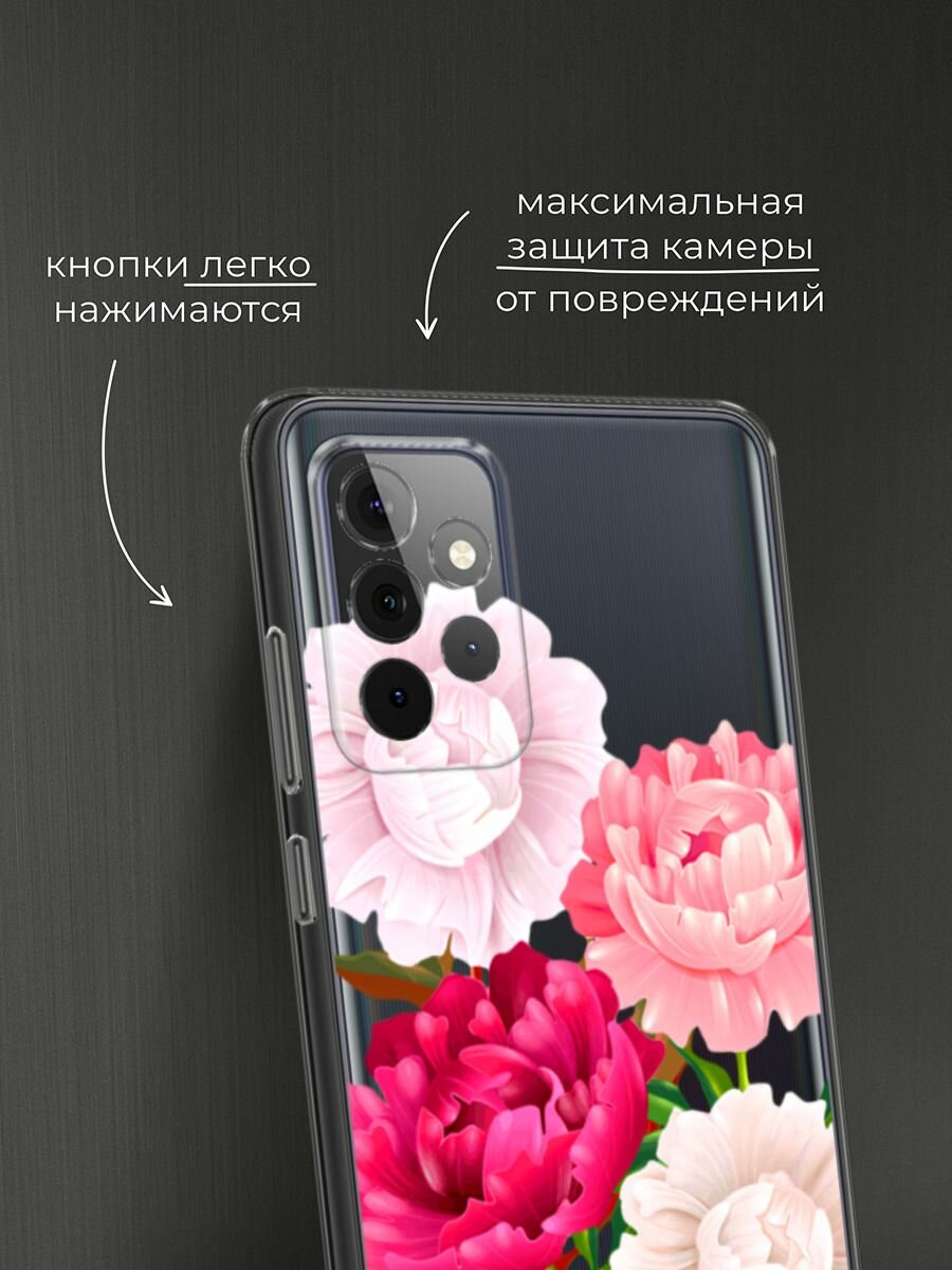 Чехол на Samsung Galaxy A72 / Самсунг Галакси А72 с принтом "Большие пионы", прозрачный — фото 1