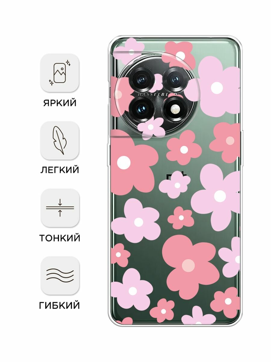 Чехол на OnePlus 11 / Ван Плас 11 с принтом "Нежные розовые цветочки рисунок", прозрачный — фото 1