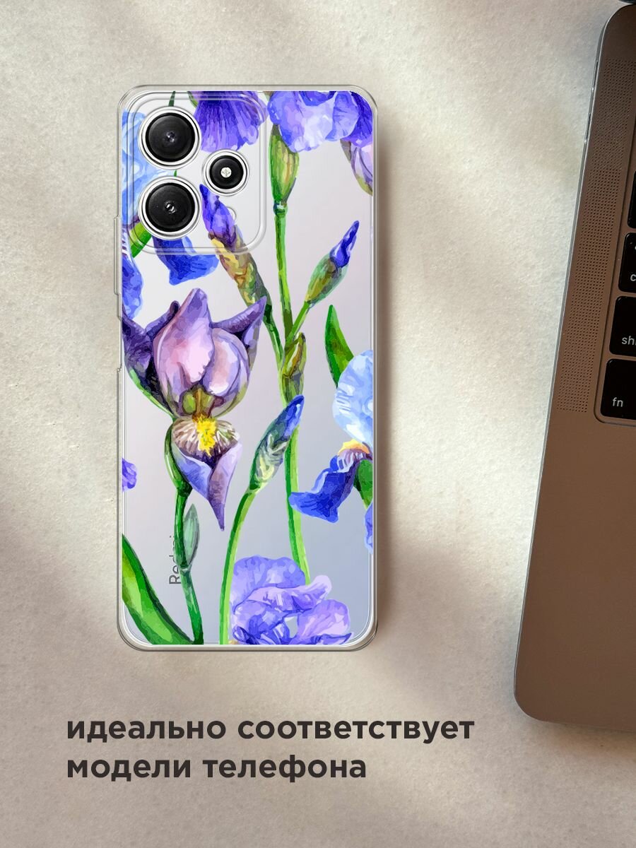 Чехол на Xiaomi Redmi 12 / Сяоми Редми 12 с принтом "Синие ирисы", прозрачный — фото 1