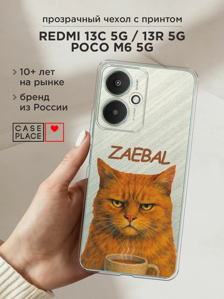 Чехол на Xiaomi Redmi 13C 5G/13R 5G/Poco M6 5G / Сяоми Редми 13C 5G с принтом "Рыжий кот с надписью", прозрачный