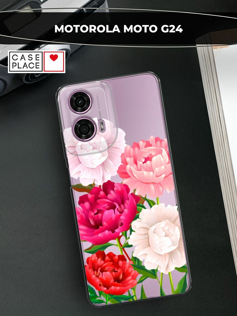 Чехол на Motorola Moto G24 / Моторола G24 с принтом "Большие пионы", прозрачный