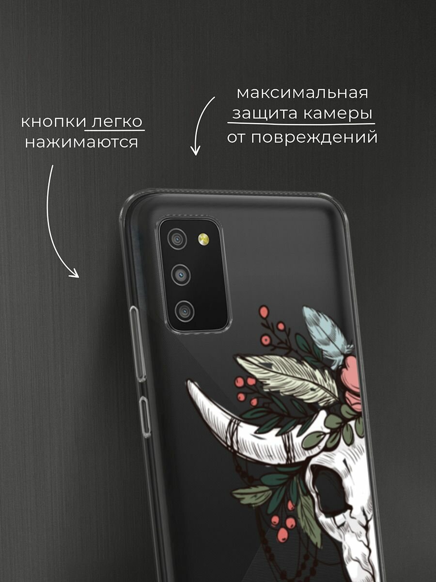 Чехол на Samsung Galaxy A02s / Самсунг Галакси A02s с принтом "Череп быка с цветами", прозрачный — фото 1