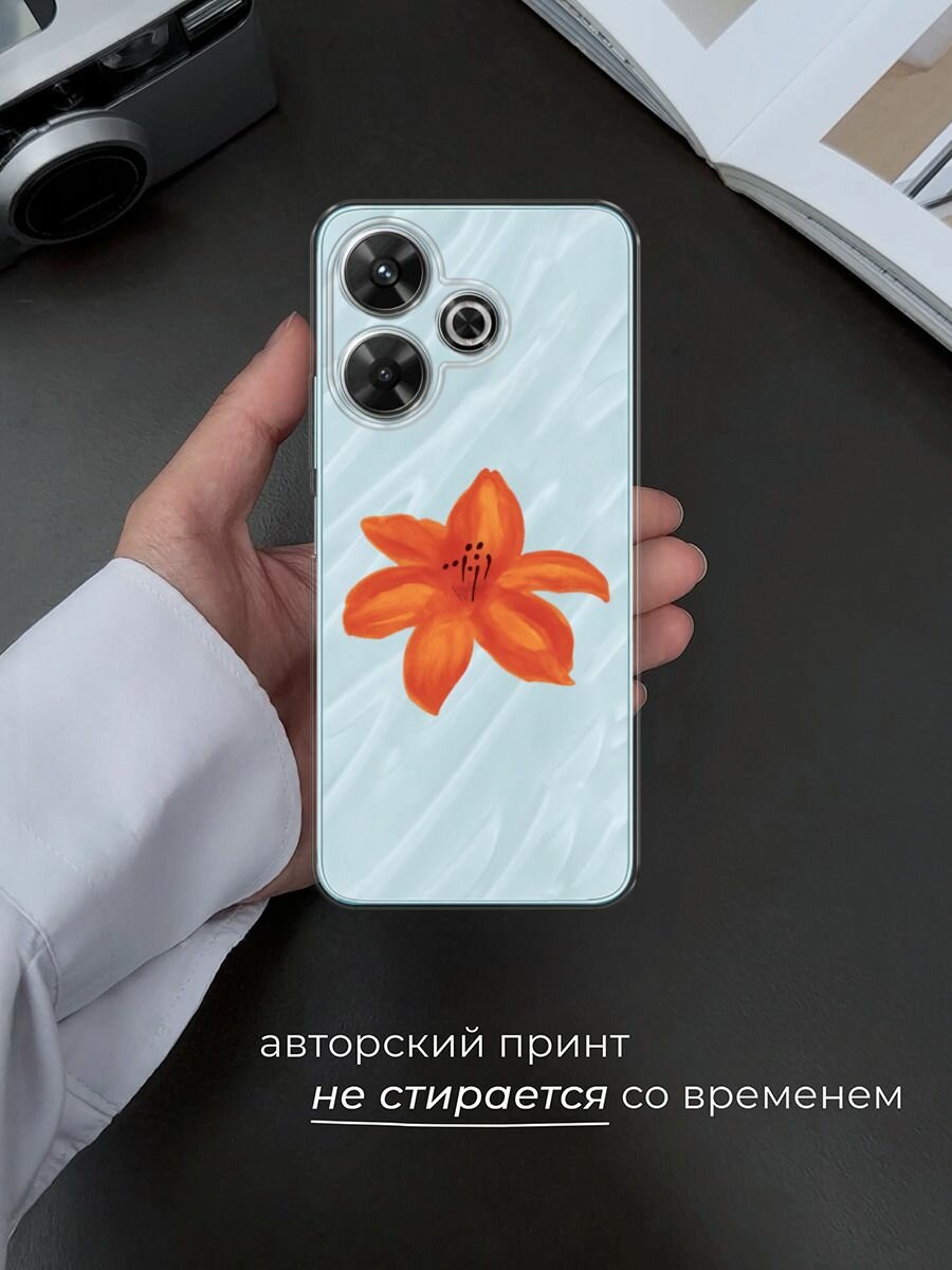 Чехол на Xiaomi Redmi Note 13R/Redmi 13/Poco M6 4G/M6 Plus с принтом "Оранжевый цветок", прозрачный — фото 1
