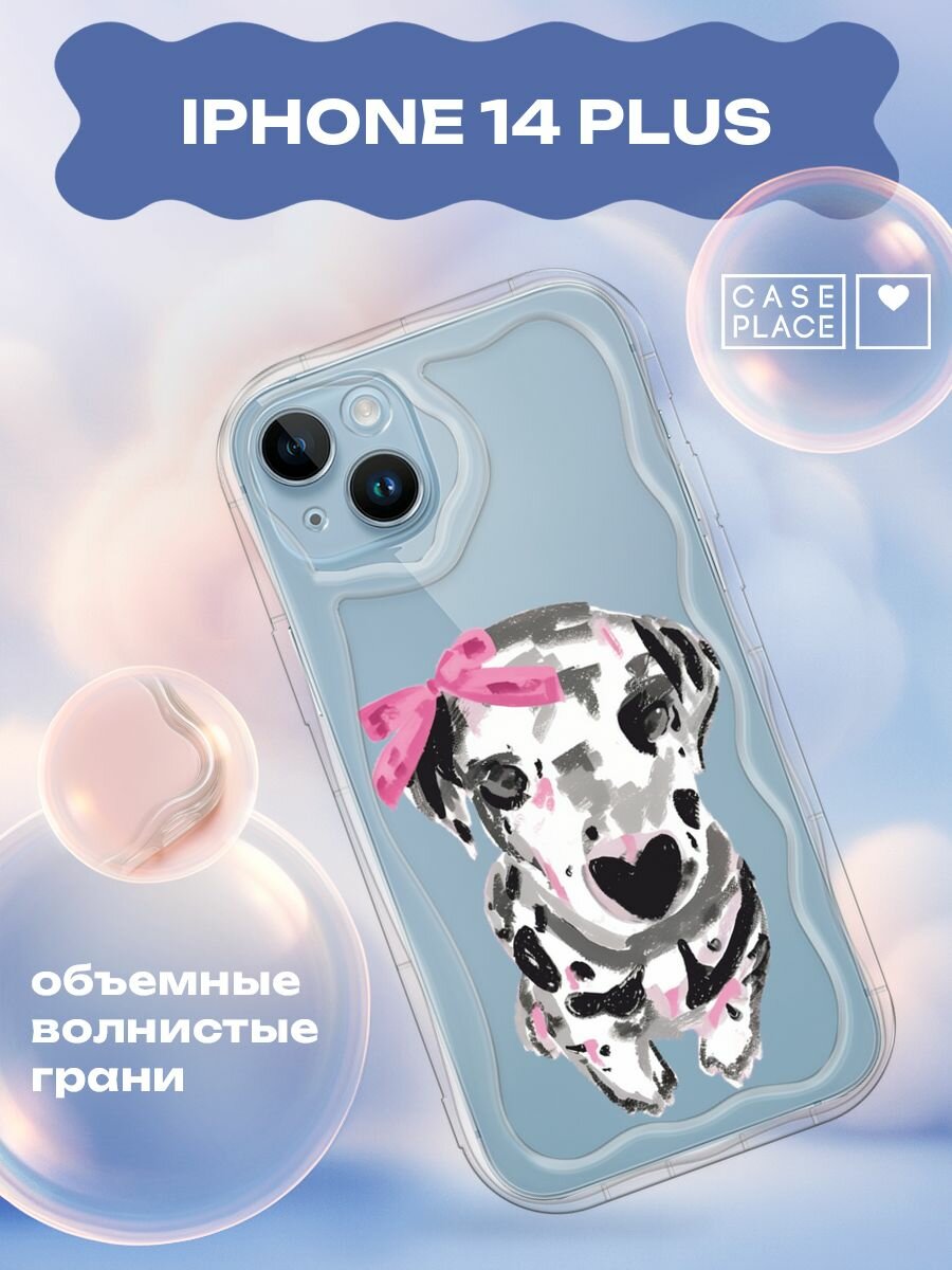 Чехол на Apple iPhone 14 Plus / Айфон 14 Плюс с принтом "Далматинец с бантиком 3"