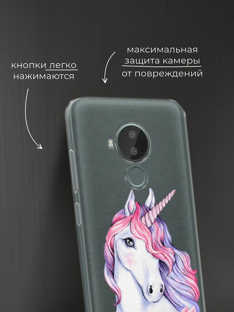 Чехол на Nokia C30 / Нокия C30 с принтом "Единорог с пионами", прозрачный — фото 1
