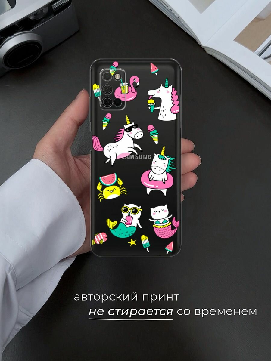 Чехол на Samsung Galaxy A03S / Самсунг Галакси A03S с принтом "Единороги в отпуске", прозрачный — фото 1