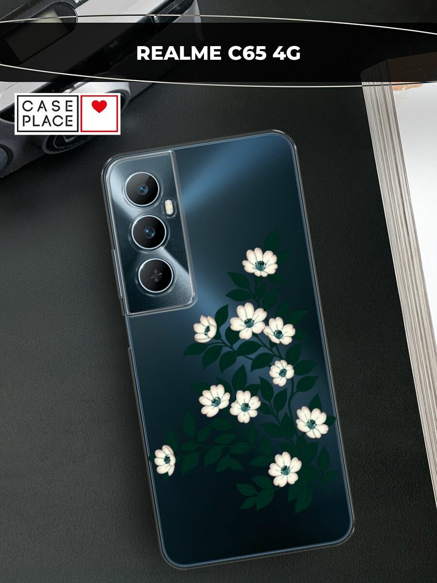 Чехол на Realme C65 / Реалми С65 с принтом "Цветы с черными листьями"