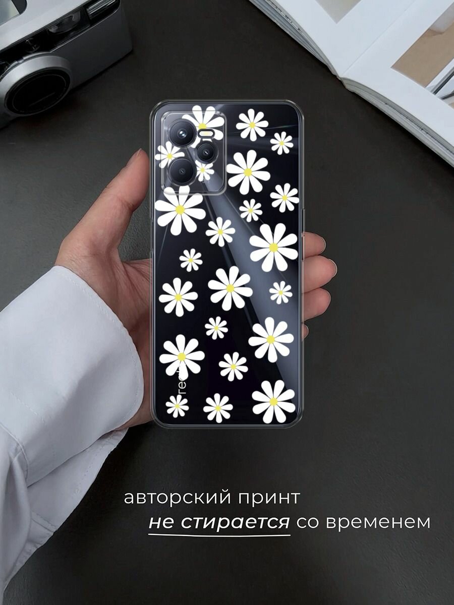 Чехол на Realme C35 / Реалми C35 с принтом "Большие ромашки", прозрачный — фото 1