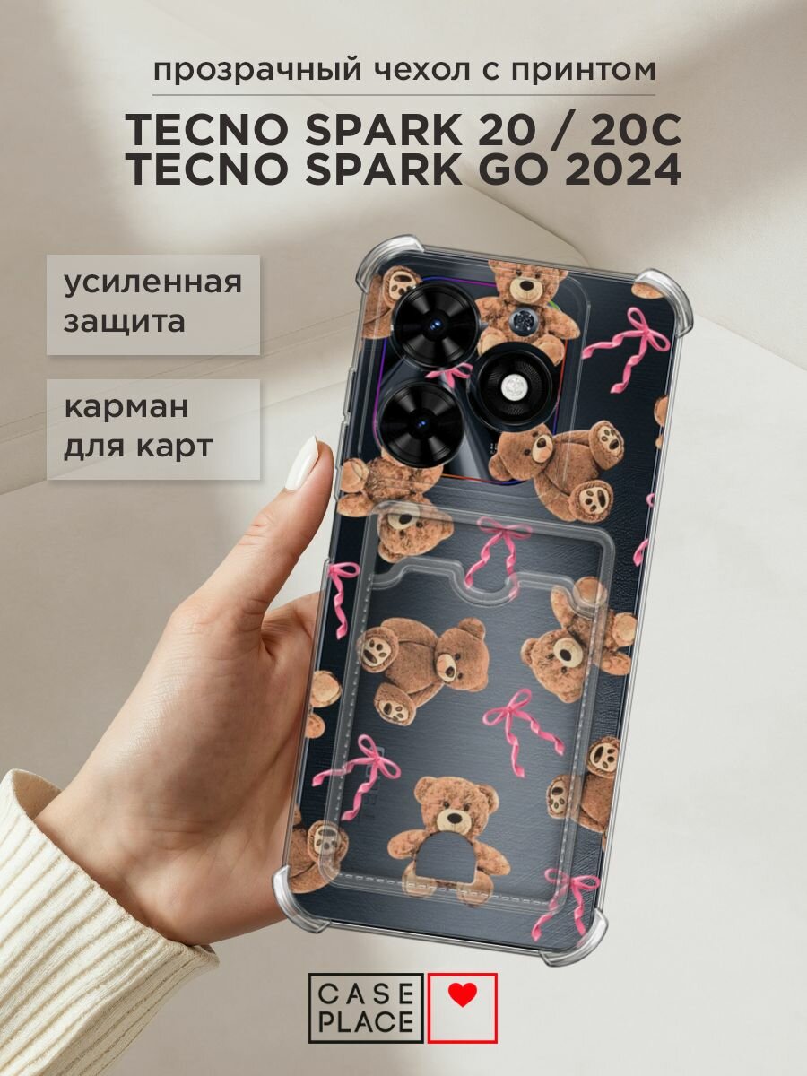 Чехол на Tecno Spark Go 2024/Spark 20C (Текно Спарк Го 2024/Спарк 20C) с картой и принтом "Мишки и бантики"