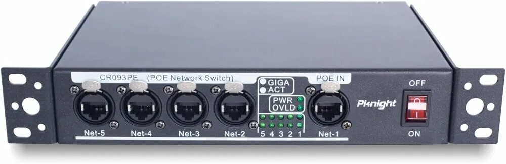 Pknight Stage Signal 5-портовый гигабитный сетевой коммутатор с PoE (802.3af), etherCON/powerCON, для sACN/Art-Net/Dante, полурэковый