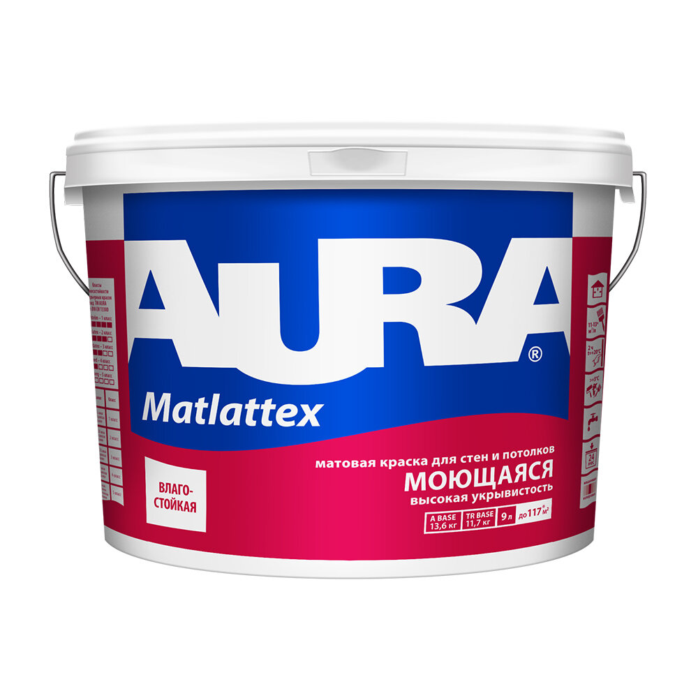 Краска водно-дисперсионная AURA Mattlatex, 9 л, моющаяся, белая, арт. 4607003919931