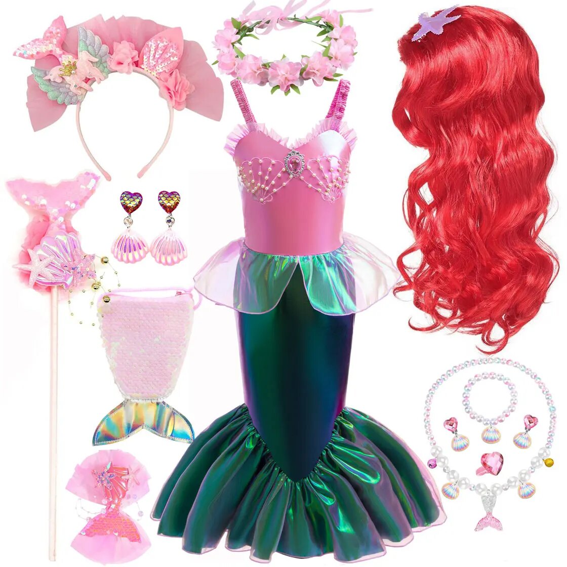 Платье принцессы Русалочка Disney для девочки 3T(110CM), Розовый, Mermaid Set07
