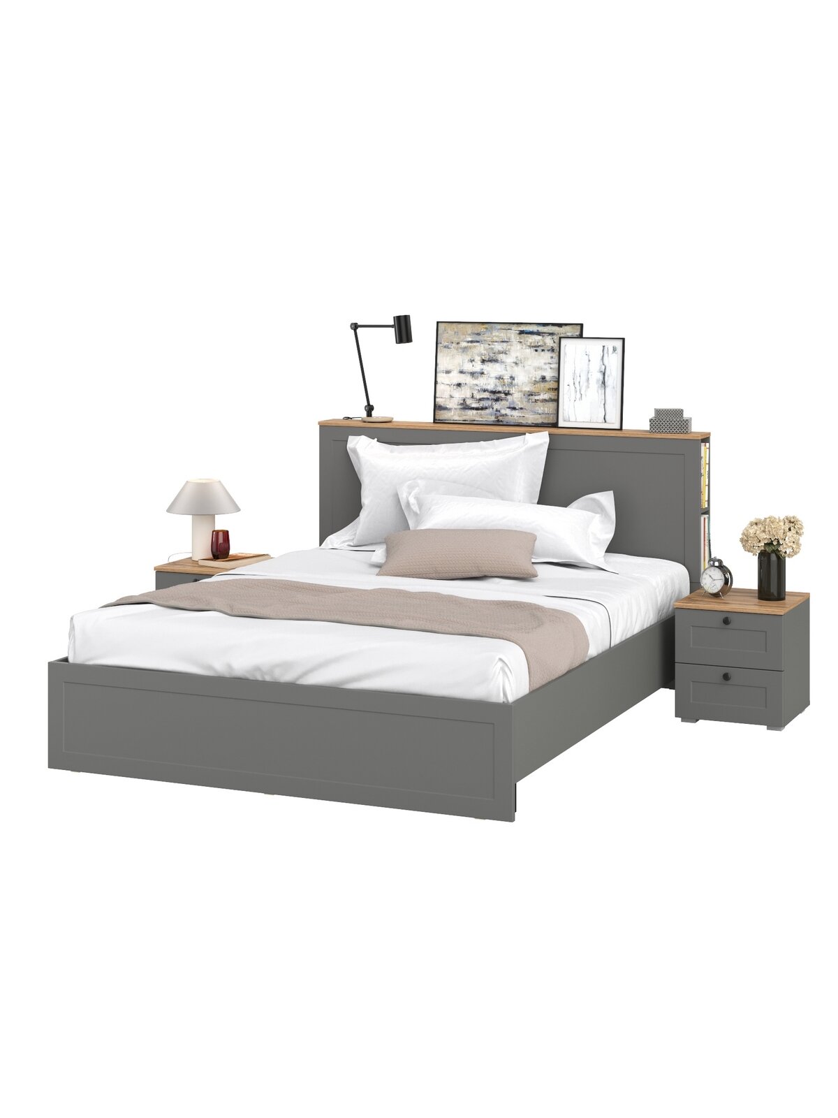 Двухспальная кровать с ортопедическим основанием и две прикроватных тумбочки Остин, серый графит/дуб крафт