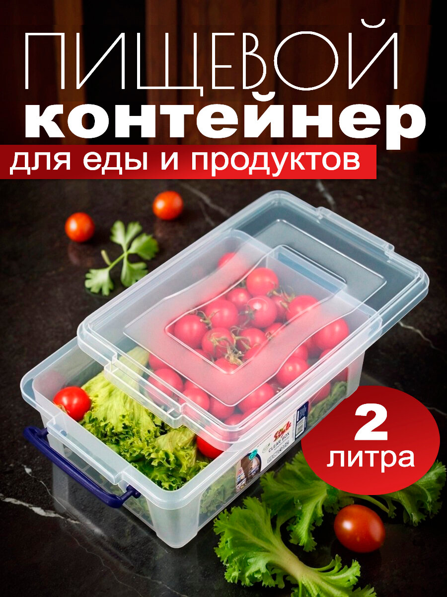 Контейнер для еды герметичный с крышкой прозрачный, пищевой пластик, 2000 мл