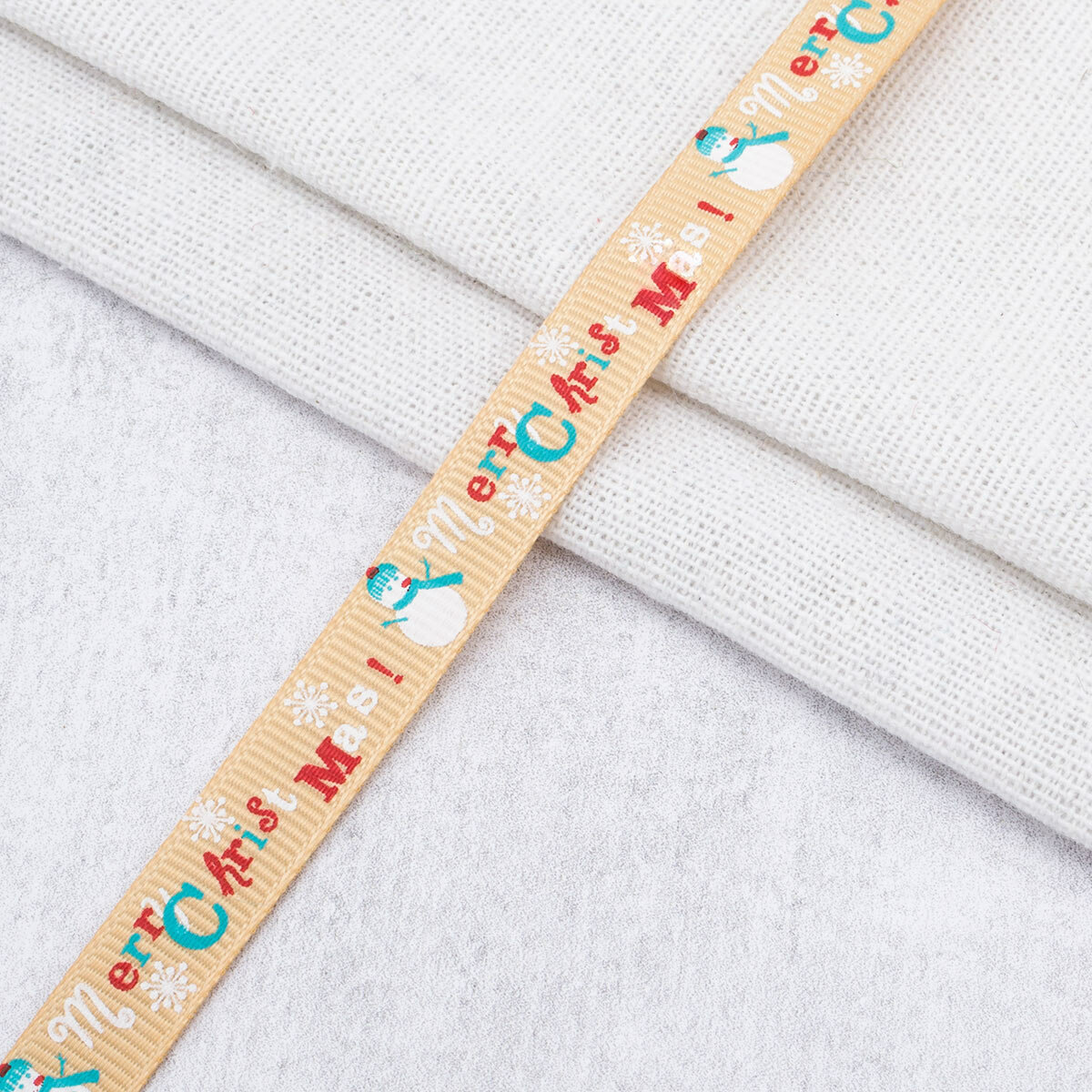 Лента декоративная для упаковки подарков, репсовая, с рисунком 'Снеговики', 1 см х 45,72 м, цвет золотистый