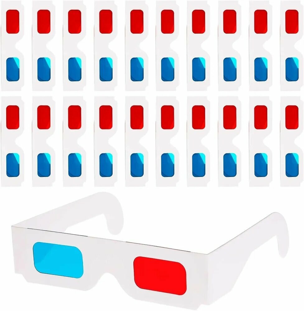 20 пар 3D бумажных очков для фильмов, очки кино, 3D с красными и голубыми линзами, белая оправа, анаглифические из картона