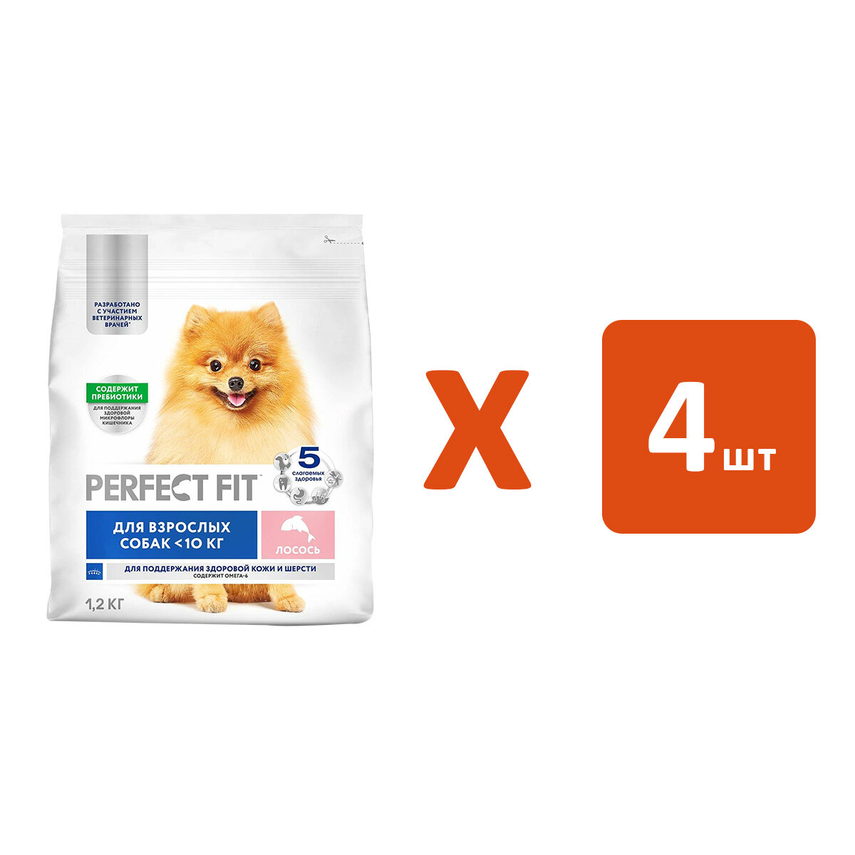 Корм сухой Perfect Fit Adult для взрослых собак маленьких пород для поддержания здоровья кожи и шерсти с лососем, 1,2 кг 4 шт