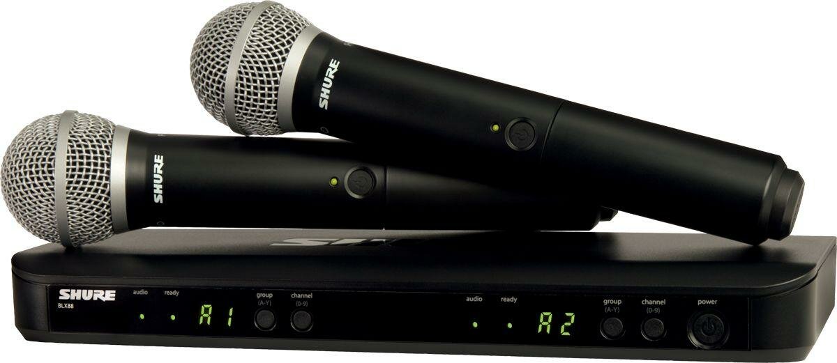 Микрофонная система SHURE BLX288E/SM58-M17 беспроводная, двухканальная, с двумя ручными передатчиками SM58. Частота UHF 662-686 МГц