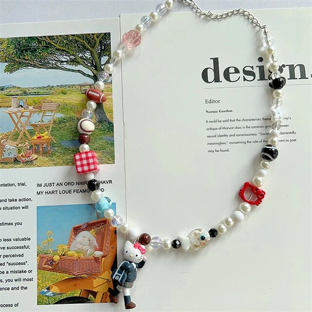 Оригинальный кулон ручной работы Hello Kitty Kuromi, подарочное ожерелье с ключичной цепочкой Sanrio с бисером, мультяшный красочный дизайн