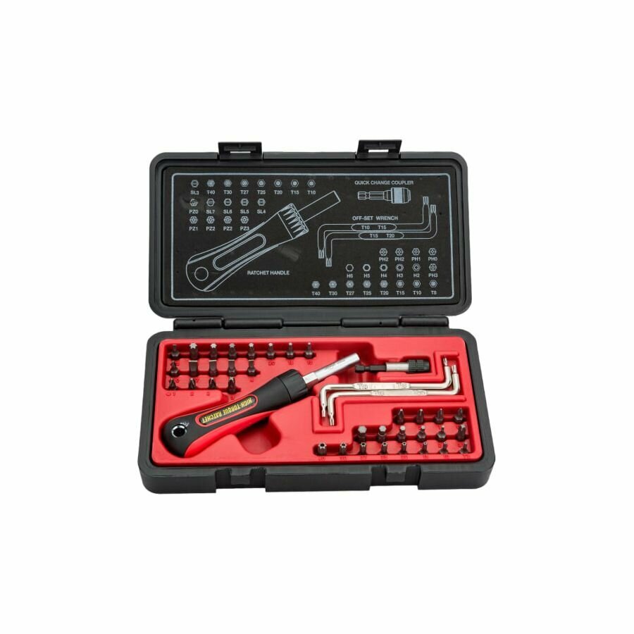 Отвертка трещоточная реверсивная (с трещоткой) с набором битов-вставок шлицевых SL, крестовых PH/PZ, шестигранных HEX и звездочек TORX 35 насадок AIST 1010439 39 пр. в кейсе