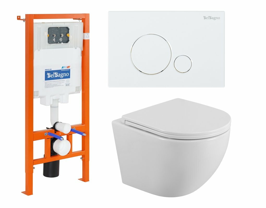 Комплект Унитаз подвесной BelBagno Uno BB3105CHR/SC безободковый, с микролифтом, инсталляция BB002-80 с кнопкой BB014-SR-BIANCO