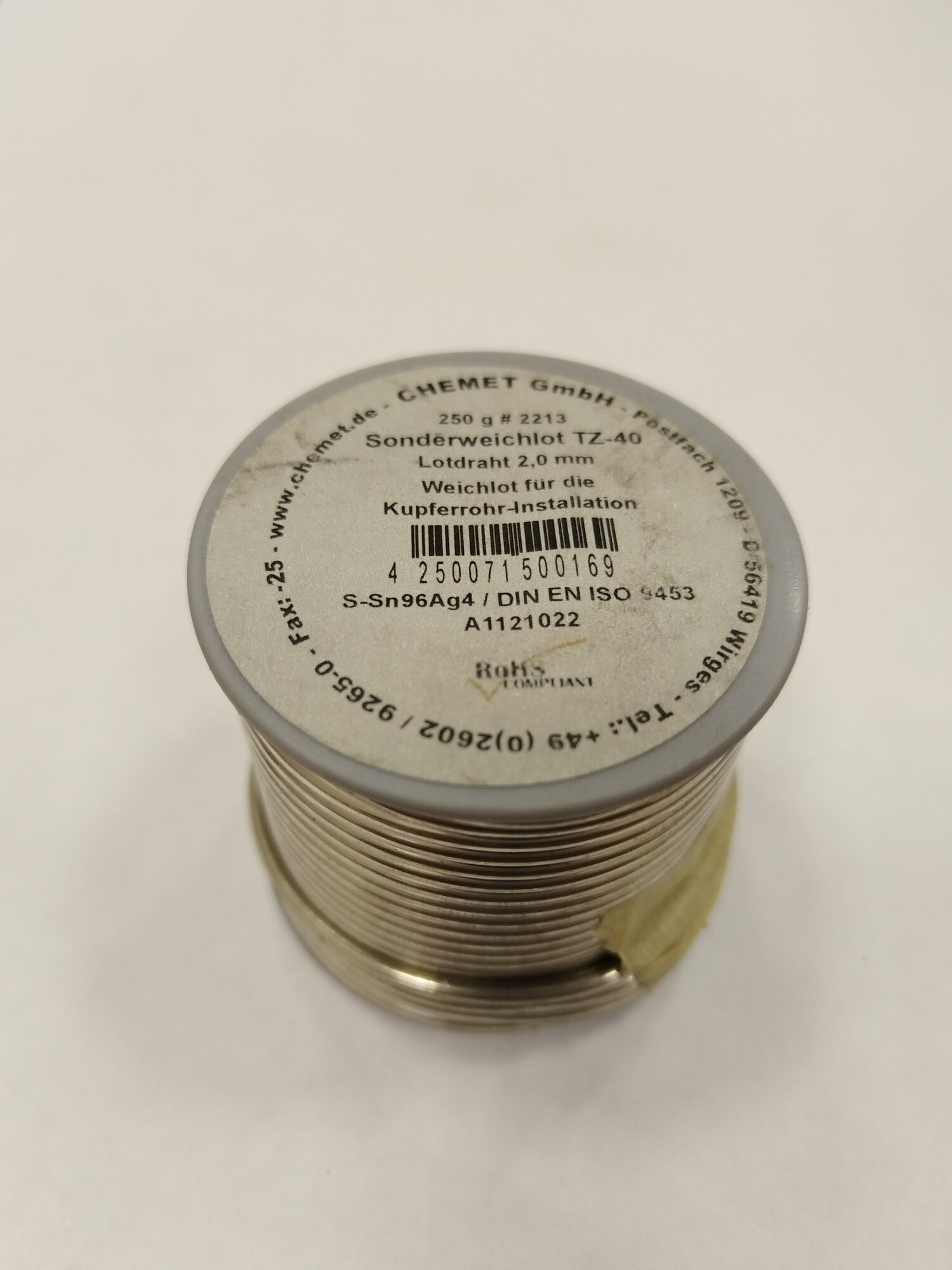 Припой Chemet мягкий A112/TZ-40, диаметр 2мм, на катушках по 250 г, S-Sn96Ag4