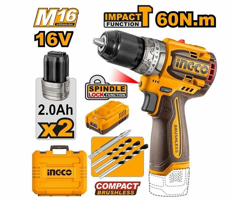 Дрель аккумуляторная ударная бесщеточная 16В, 60Hm 2 АКБ 2 Ач, ЗУ, кейс INGCO CIDLI16682