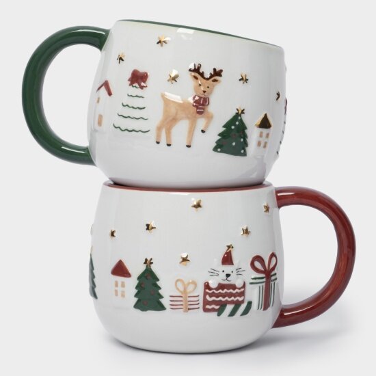 Набор кружек Anna Lafarg New year Олень и Кот 2 шт, 400 мл, зеленый/красный (ANLAF-FDW-180225)
