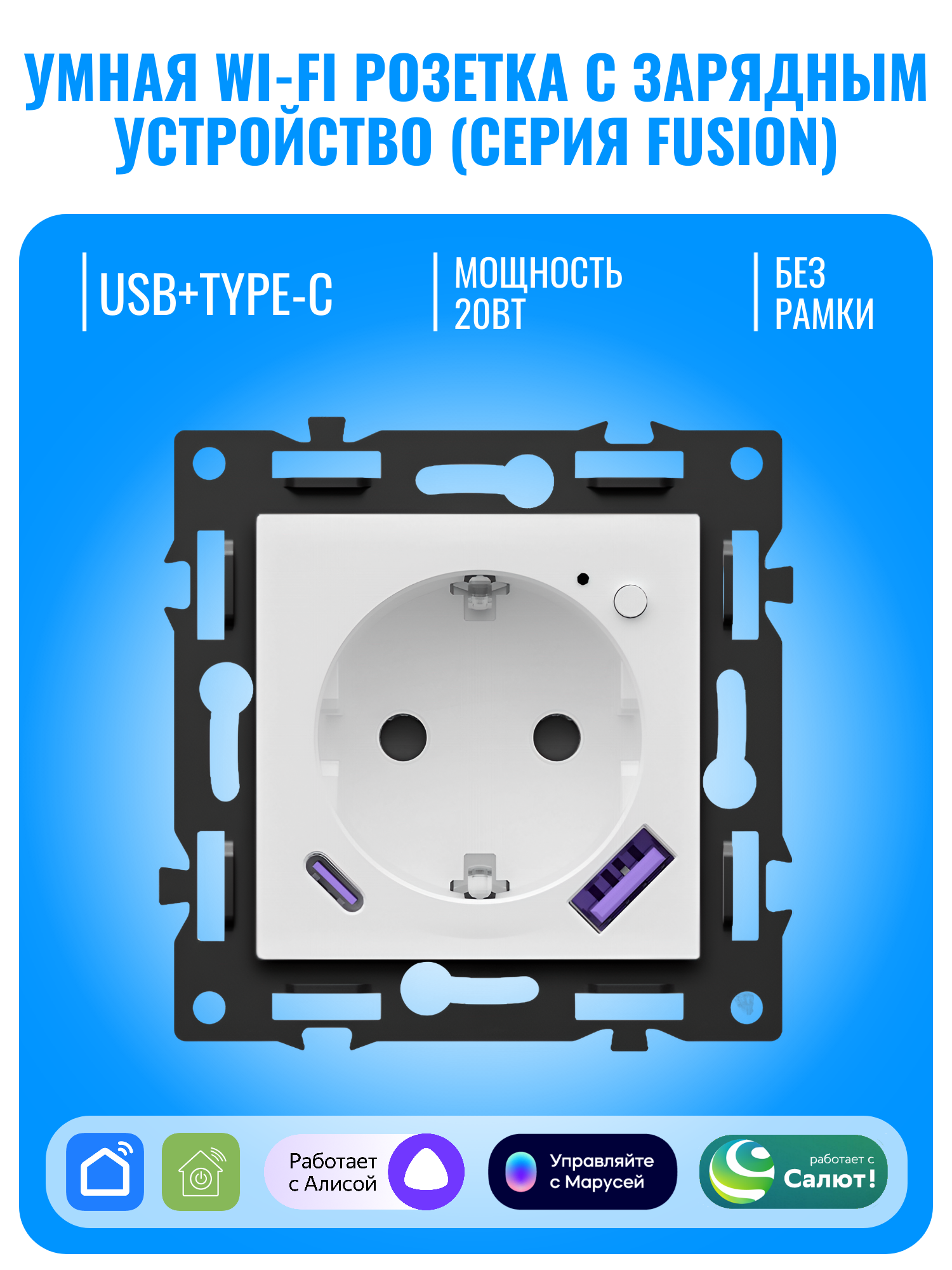 Умная Wi-Fi розетка с зарядным устройством USB и Type-C Smart Aura серия Fusion без рамки