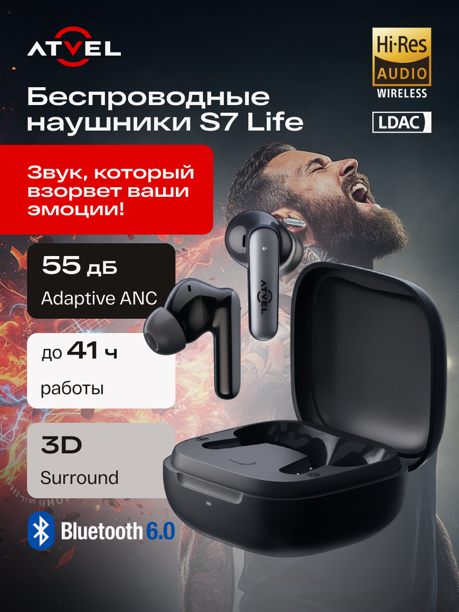 Беспроводные наушники S7 LIFE с шумоподавлением, LDAC, aptX, Bluetooth 6.0, игровые, вкладыши с микрофоном, черные