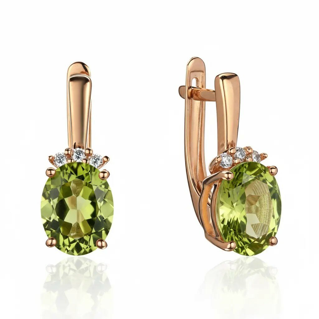 Серьги, красное золото, 585 проба, фианит, хризолит