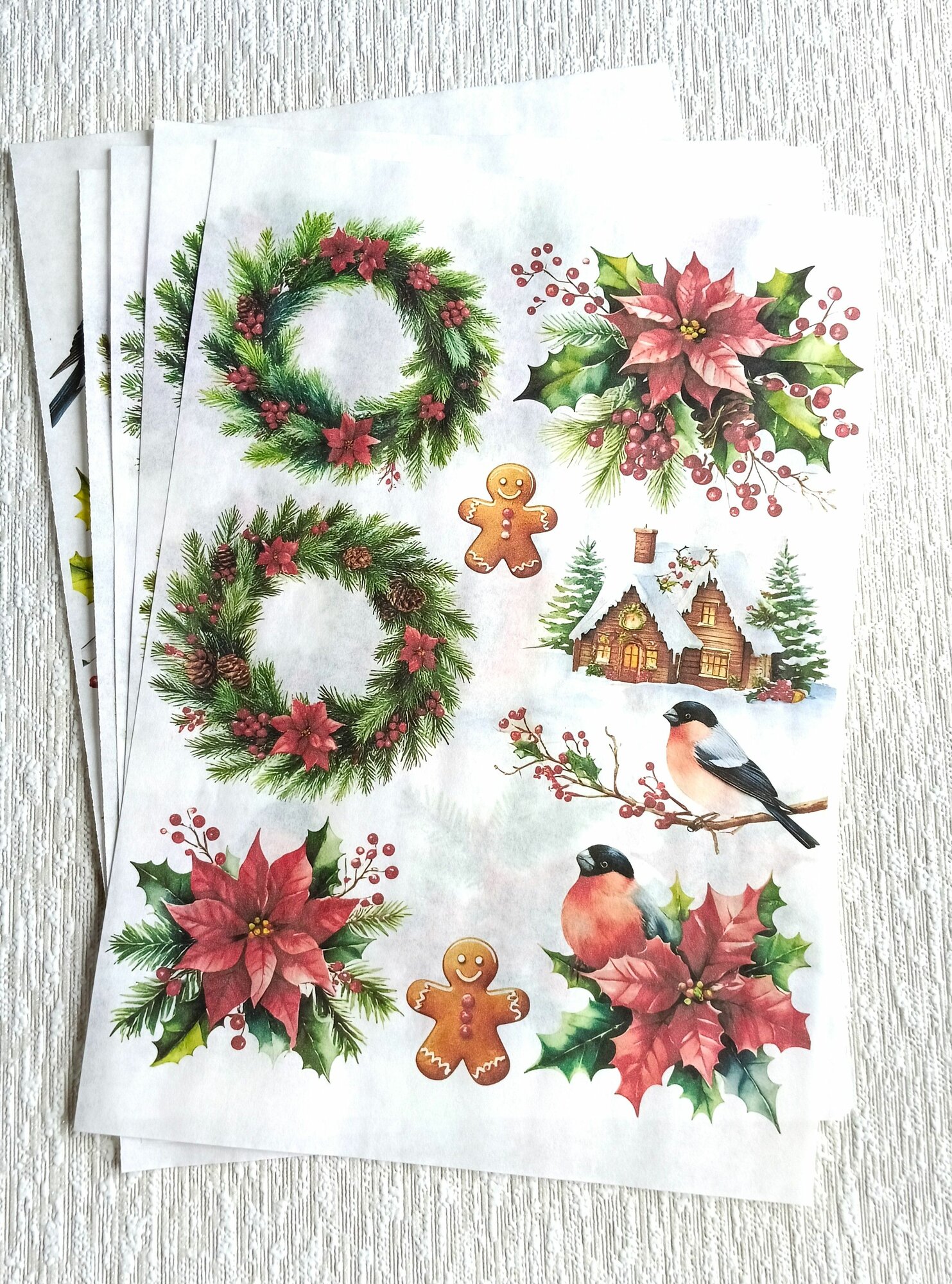 Набор бумаги для декупажа 5 листов Пуансеттия А4, 40 гр/м2.