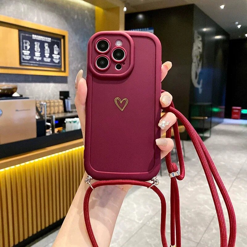 Чехлы для телефонов Love со шнурком для IPhone 17 Pro Max 16, 15, 14, Айфон 16, Бордовый, WineRed