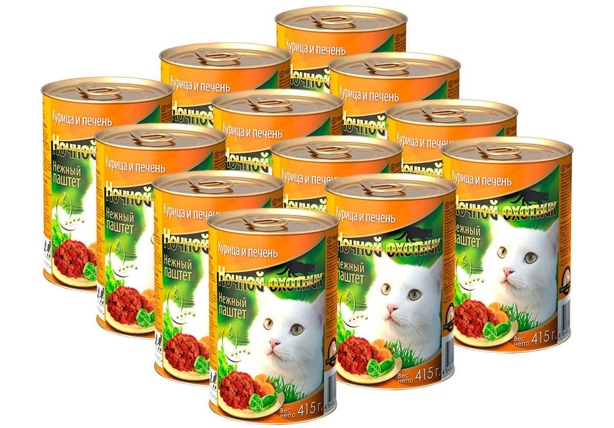 Корм влажный Ночной охотник для взрослых кошек паштет с курицей и печенью, 415 г х 12 шт