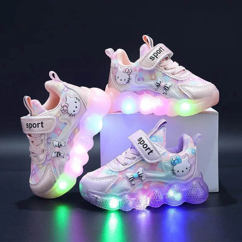 Кроссовки со светодиодной подсветкой Hello Kitty для девочек, детская повседневная обувь, светящиеся туфли для малышей, подарки для девочек 0-5 лет