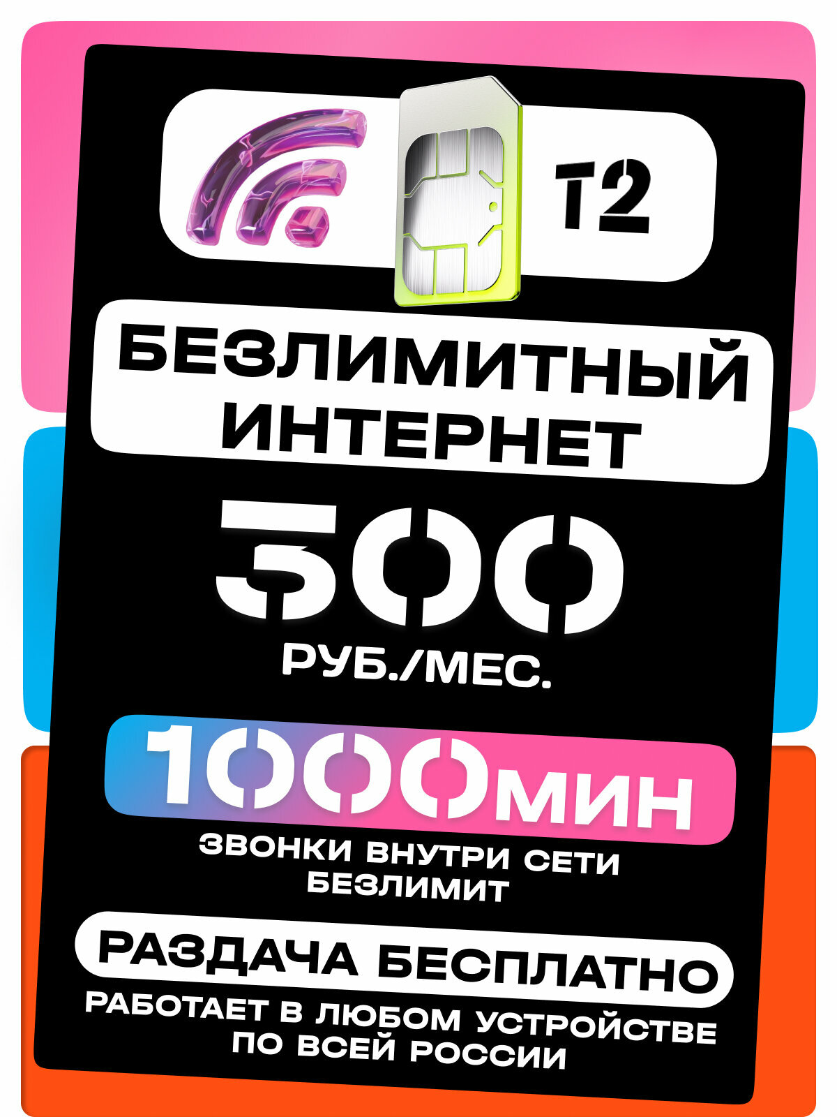 Безлимитный интернет/1000мин/300 руб. в мес. Новый номер для любых устройств тариф Т2 Партнёр М SIM-карта t2
