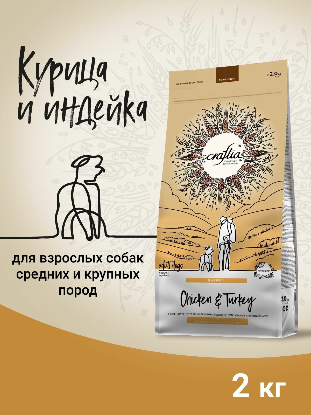 Craftia Natura - Сухой корм для взрослых собак средних и крупных пород из курицы и индейки (2 кг)