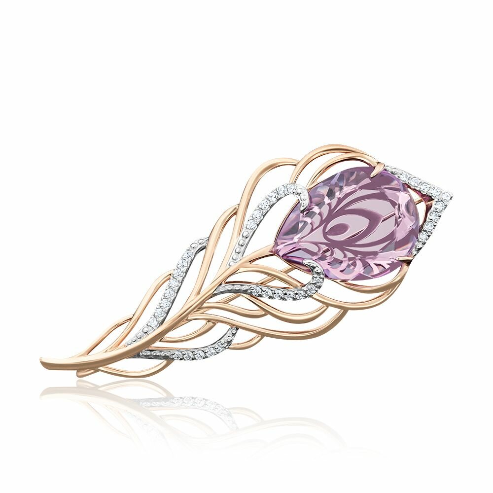 Брошь, красное золото, 585 проба, фианит, аметист