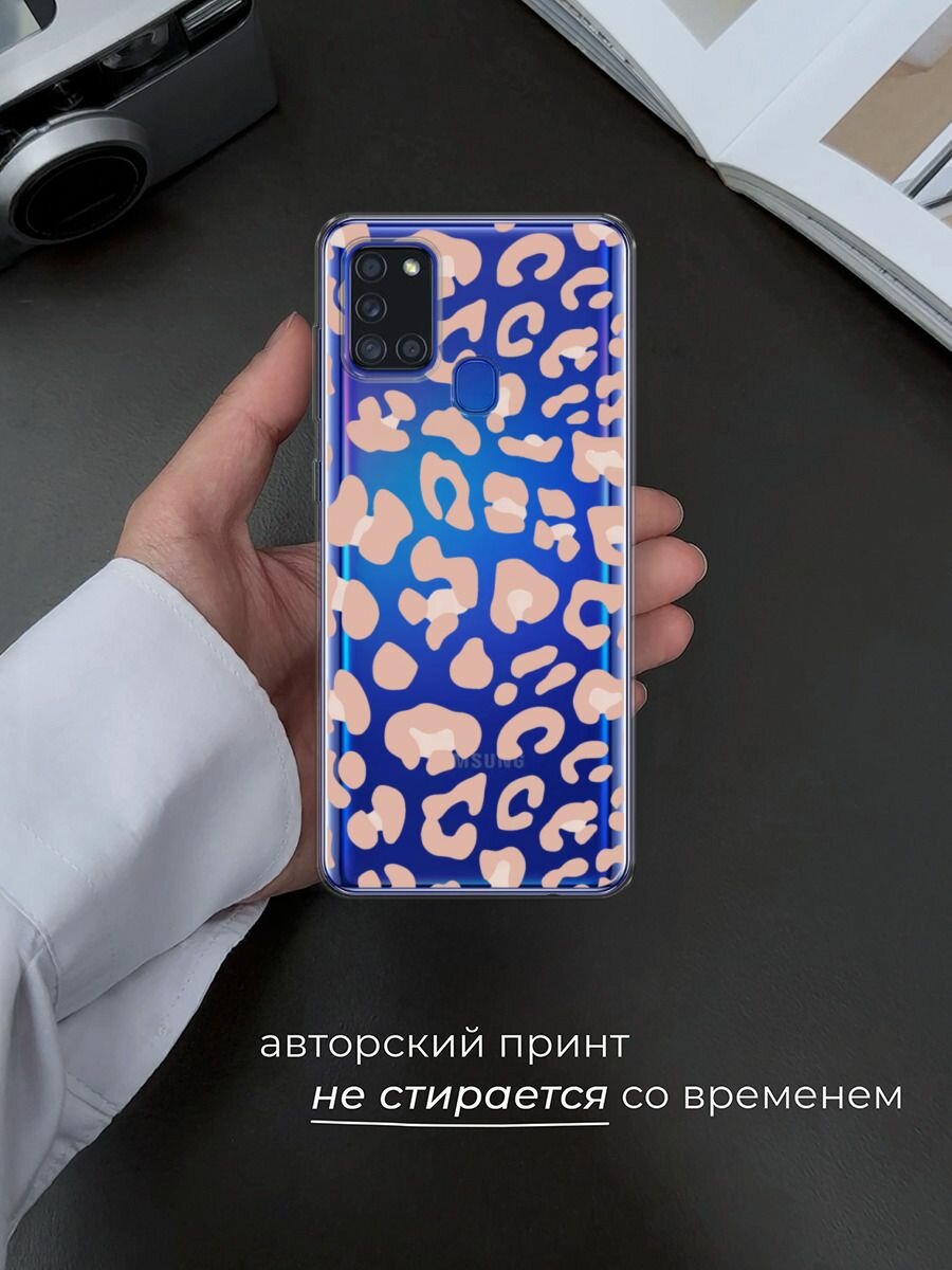 Чехол на Samsung Galaxy A21s / Самсунг Галакси A21s с принтом Паттерн бежевый леопард, прозрачный — фото 1