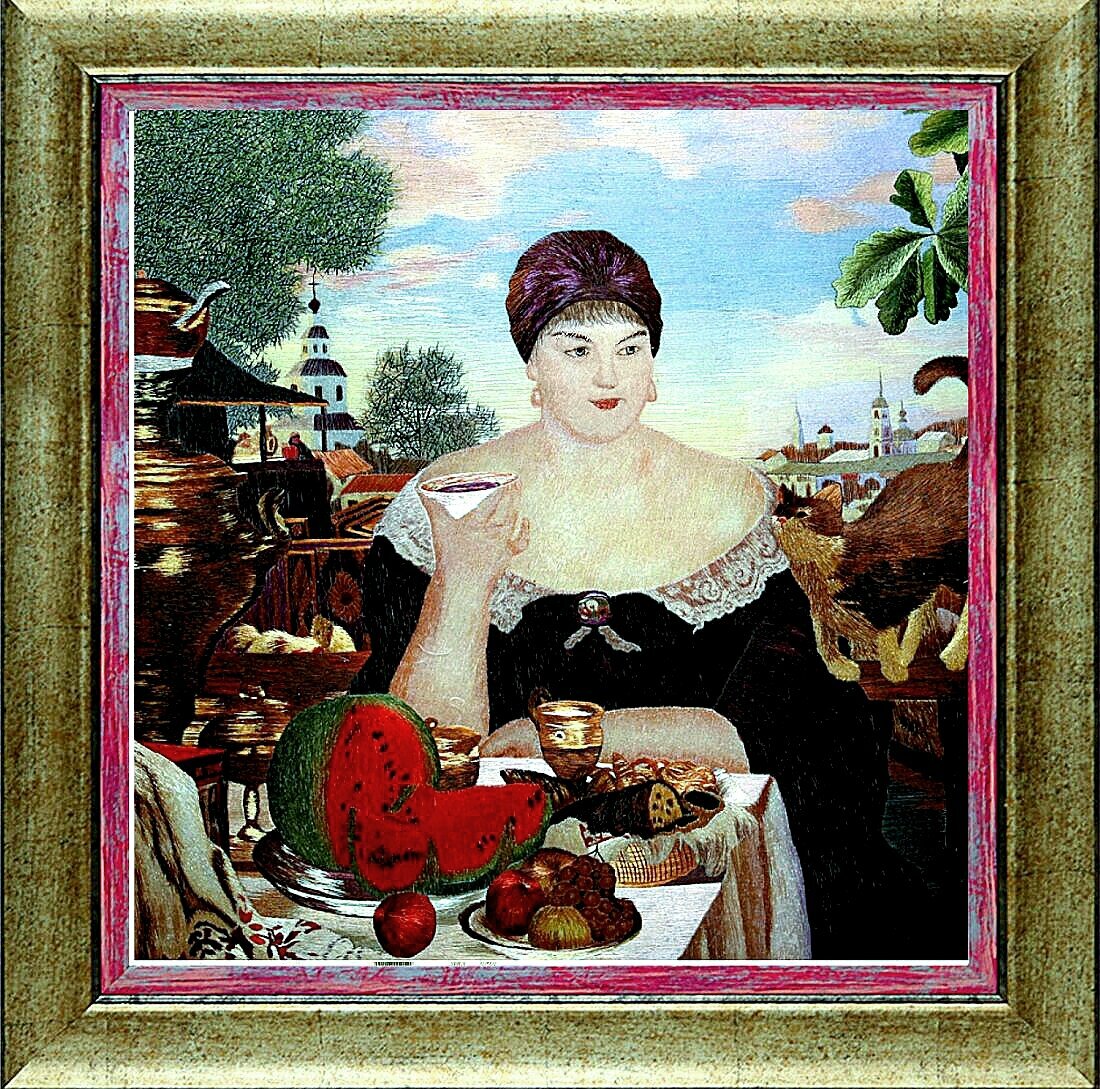 Картина Живой Шелк По Кустодиеву Купчиха за чаем, вышивка шелком ручная с 3Dэффектом/см 60х60х3/багет+паспарту