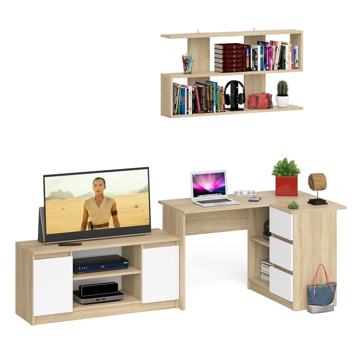 Стол угловой компьютерный Мори МС-16 правый с книжной полкой и ТВ-тумбой МТВ1200.1, сонома/белый, 244,8х84,9х209,6 см.