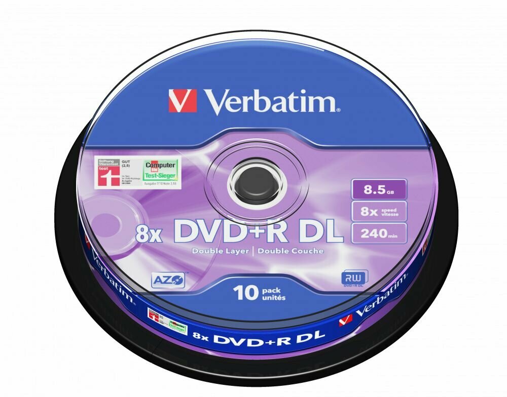 Оптические диски Verbatim DVD+R DL 8.5 ГБ 8X AZO серебристый матовый 10 шт. на шпинделе
