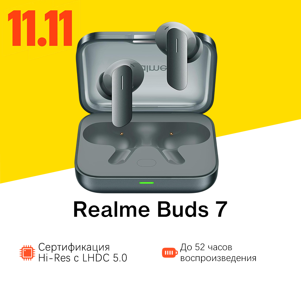 Наушники беспроводные Realme Buds Air 7, система шумоподавления, серый