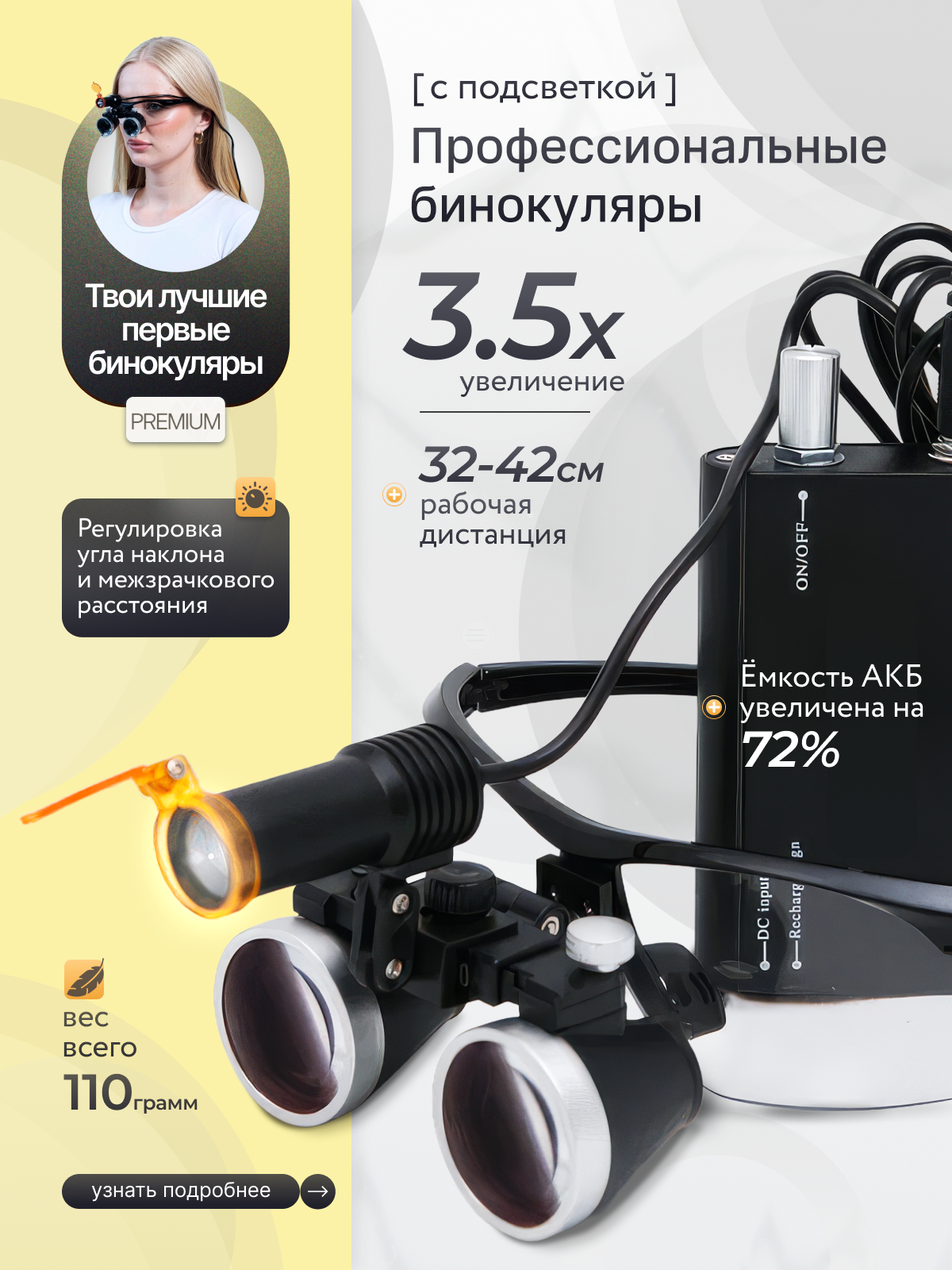 Бинокулярные лупа очки c подсветкой для стоматолога ювелира 3,5х