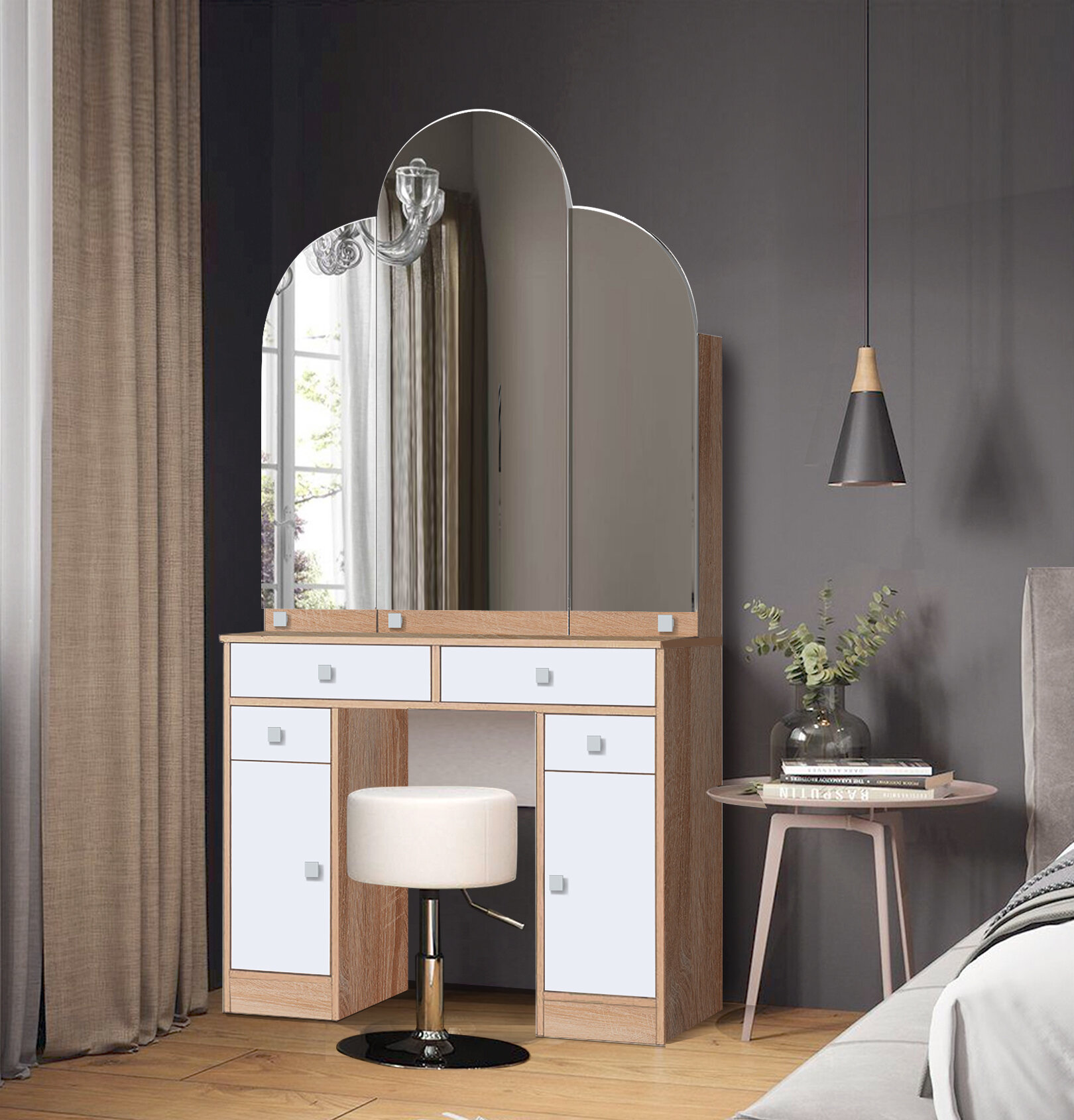 Туалетный столик/трюмо с зеркалами "Трельяж", 90х31х178 см, цвет Дуб сонома/Белый, ЛДСП