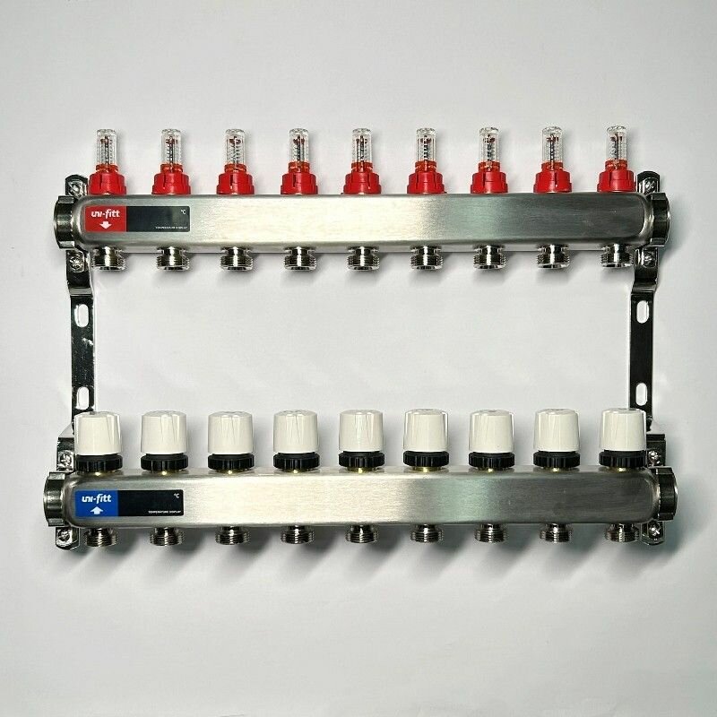 Коллекторная группа 1" х 9 вых. 3/4" UNI-FITT с расход. и термостат. вентилями без конц. нерж. сталь.