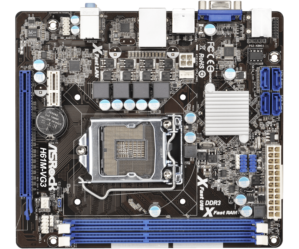 Материнская плата ASRock H61M-VG3 LGA1155 PCI-E+Dsub+GbLAN SATA MicroATX 2DDR3