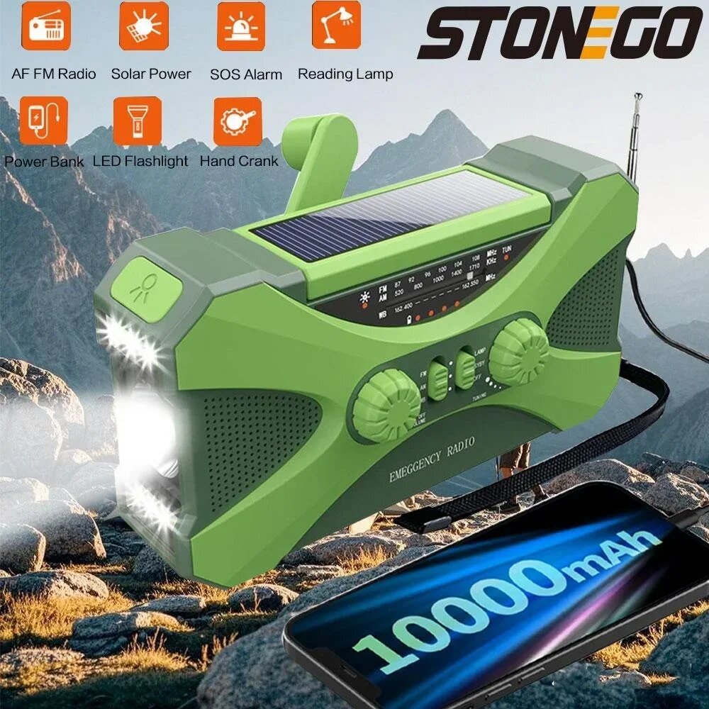 Outdoor 10000mAh Solar Crank Radio AM/FM/NOAA Weather Alert, Dual Stereo Speakers, Phone Charger, LED Torch & SOS Alarm