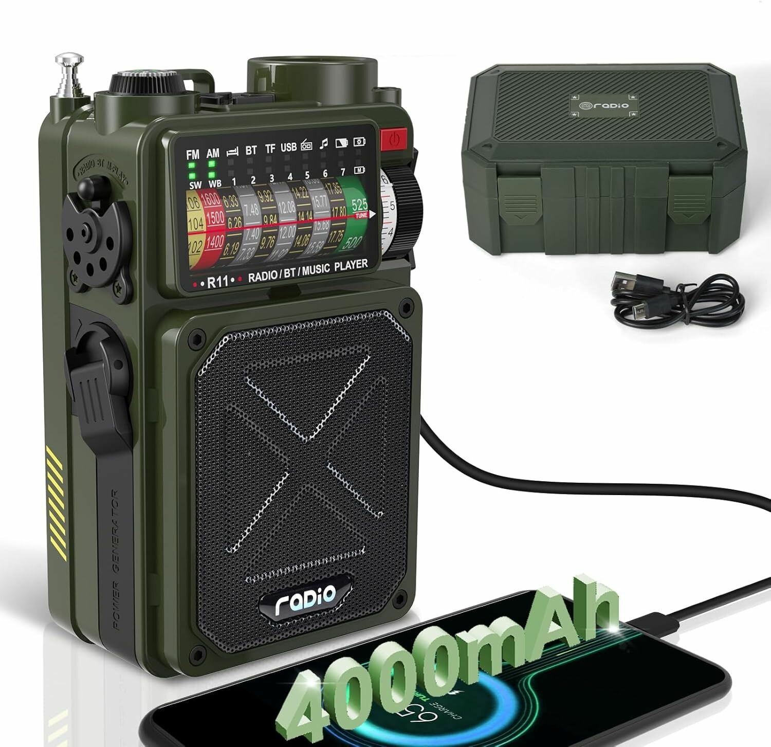 Аварийное радио - 4000mAh погодное радио с Bluetooth, фонарь, сигнализация SOS, питание USB заряжено, ручная коралка и солнечная энергия для кемпинга, чрезвычайная ситуация