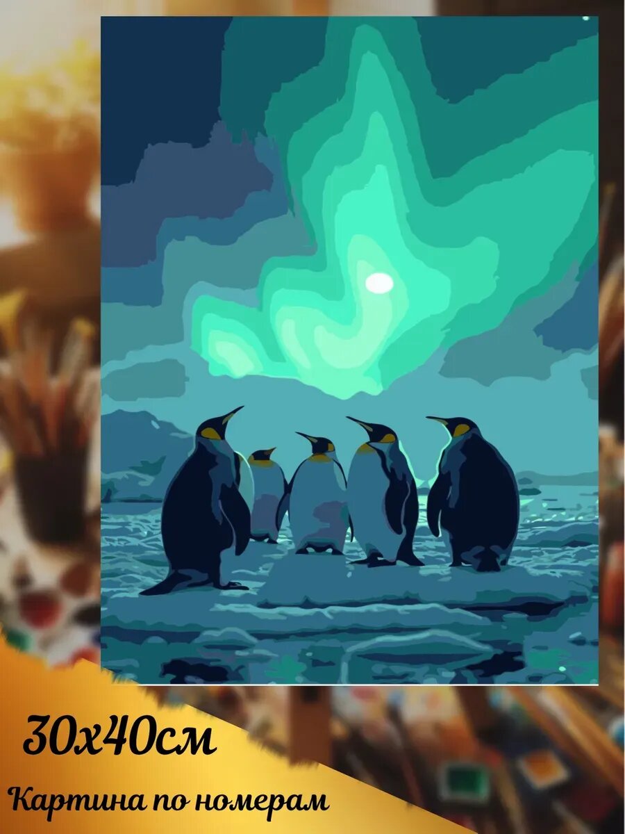 Картина по номерам пингвины и северное сияние